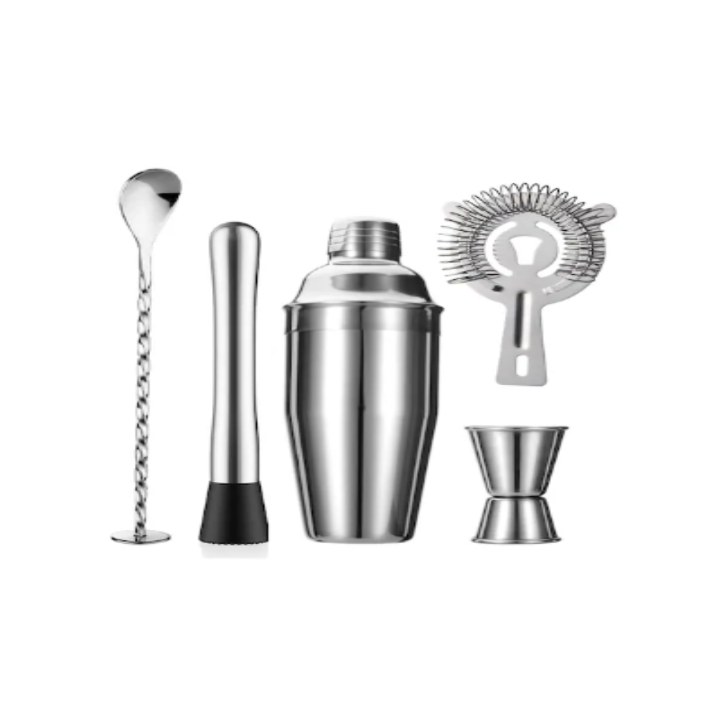 5pcs Набор для коктейлей Boston Shaker из нержавеющей стали, набор инструментов для приготовления напитков для домашней бара, объем 750ml, вес 450g, размер упаковки 9.5x9.5x25.5cm, включает ложку, дробилку для льда, мерник 20/40ml, фильтр для кубиков льда