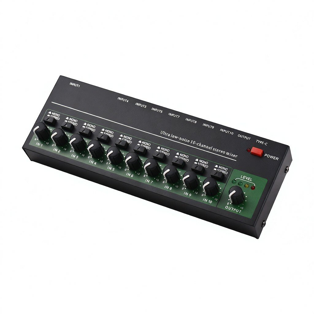 10-Channel Audio Mixer Stereo Mono Line Mixer 6.35mm TRS/TS Input Metal Shell Type-C Audio Processor для Guitar Bass Keyboard Stage Ultralow-noise Mixer Board Independent Volume Adjustment Knob с Input Impedance 10k-47k, Maximum Input Level +10dBu,