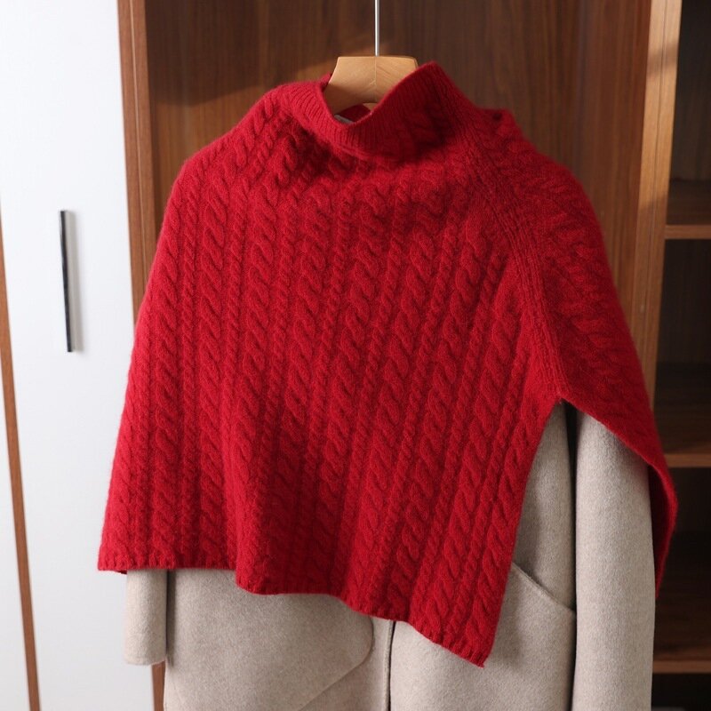 Новая осенне-зимняя 100% шерстяная пуловерная шаль с кабельной вязкой, теплая вязаная накидка