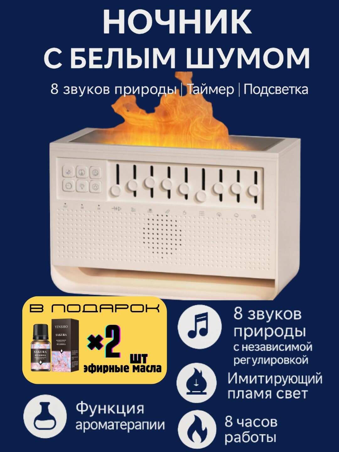 Генератор белого шума , Ночник, с увлажнением, с ароматерапией, для всех возрастов