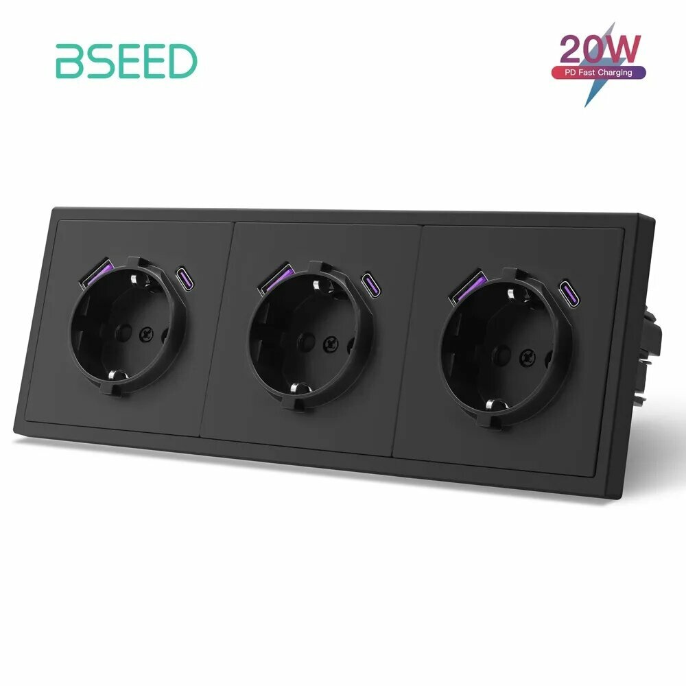 Розетка BSEED тройная с USB и type-C входами, быстрая зарядка 20W Настенный розетка с когтями, PC рамка Черная