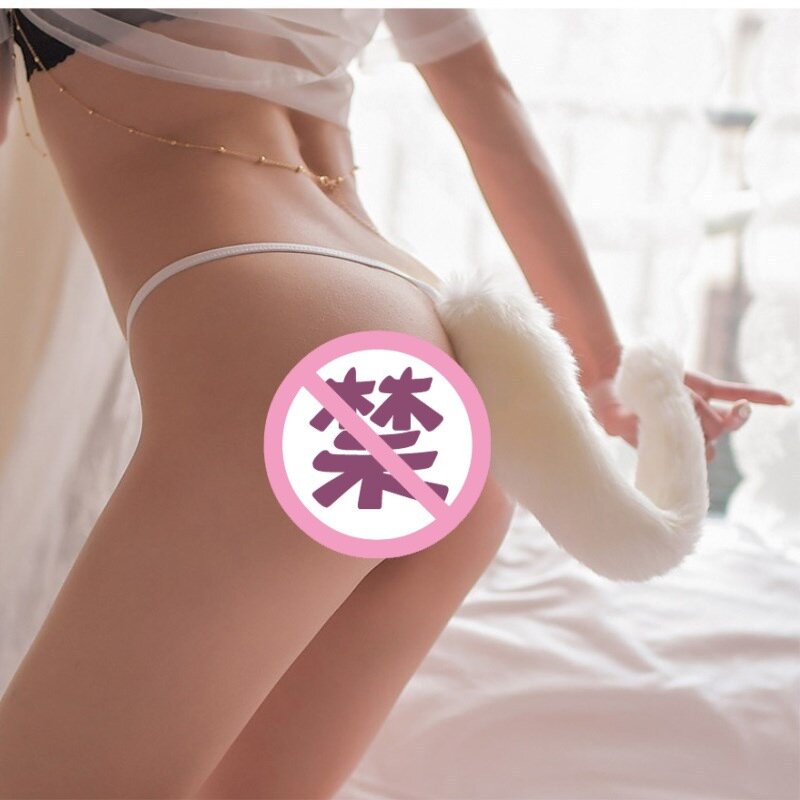 Милые трусики-стринги с помпонами из лисьего меха, симпатичные трусики, стринги в японском стиле для школьниц, сексуальный и провокационный наряд. Белый длинный хвост.