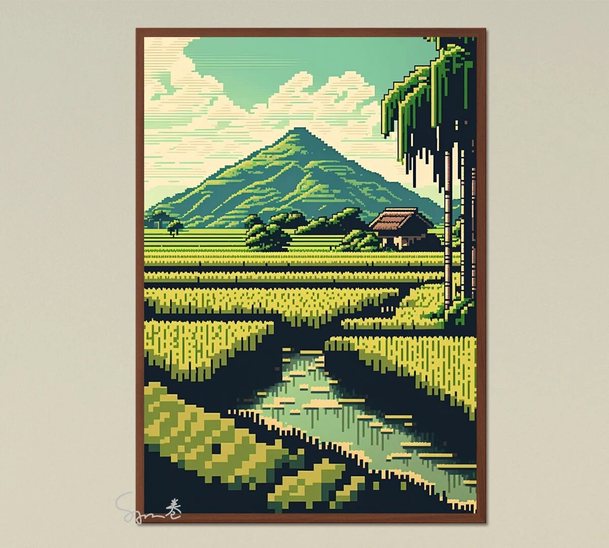 Пейзаж с горой и рисовыми полями, 20x30см, C