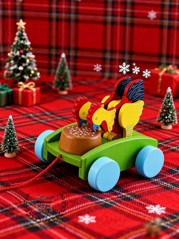 Деревянная игрушка-тележка с барабаном, развивающая, при движении издает звук, для детей от 1 года