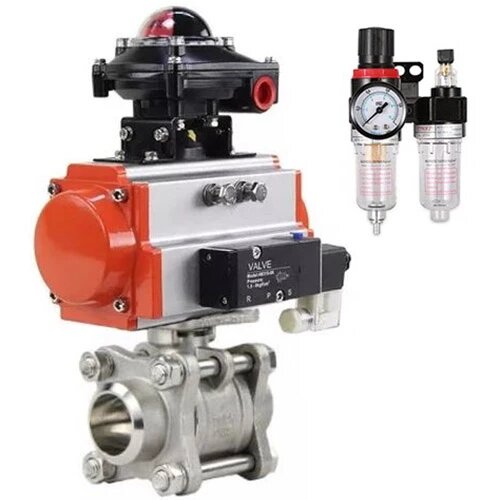 Кран шаровой DN.ru кшпп 316.200-ISO Ду15 Ру63, полнопроходной под приварку, нержавеющая сталь SS316, PTFE, с пневмоприводом DA-052 двойного действия, с пневмораспределителем PND2-S1EM-52-1NC-J08-220VAC, с БКВ LSB-210-02NM12-220/24, с БПВ APU1-10-40-V08