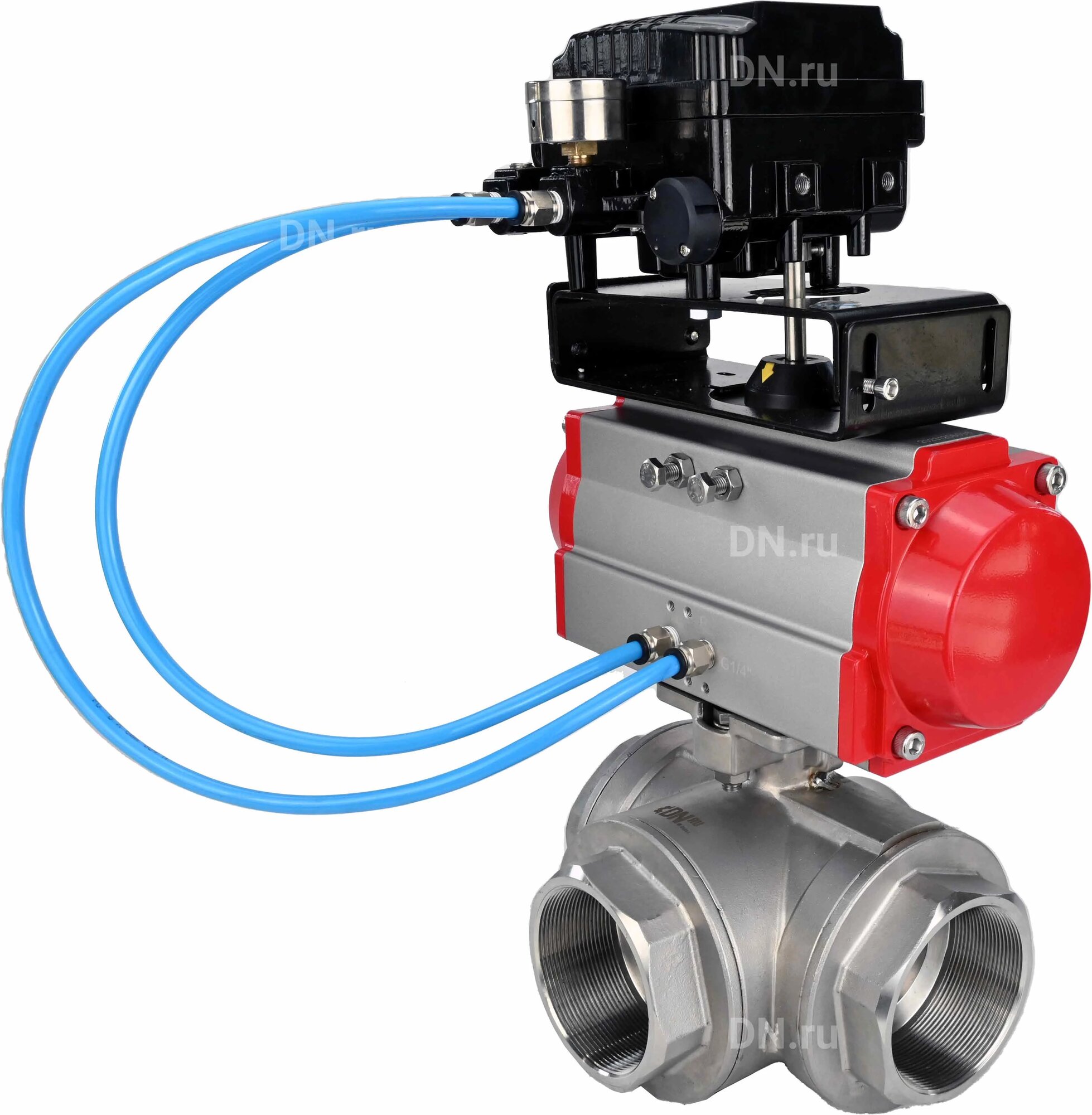 Кран шаровой DN.ru RP. SS316.200. MM.040-ISO Ду40 Ру63 стандартнопроходной трехходовой L-тип, нержавеющая сталь SS316, внутренняя резьба, PTFE, с пн. приводом SA-083 двойного действия и электропневматическим позиционером DN.ru EPRP1-NU-0-08