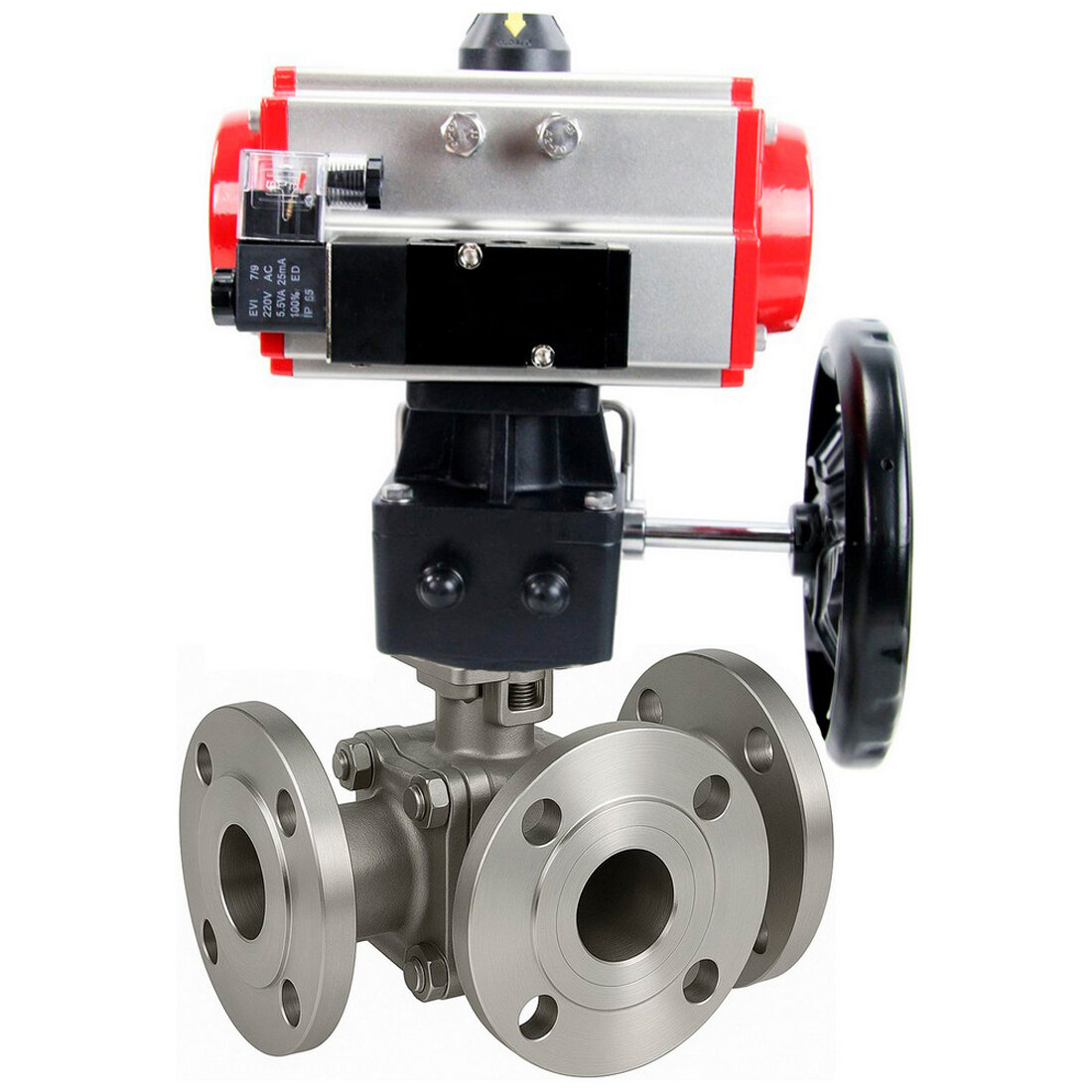 Кран шаровой DN.ru 316-316-PTFE-FP-3L-F-ISO-H Ду50 Ру16 HYMT, трехходовой L-тип, полнопроходной, фланцевый, корпус - нержавеющая сталь SS316, с пневмоприводом DA-065, пневмораспределителем PND1-S2EM-52-2-T10-220VAC и ручным дублером HDM-1 (опрессовано)