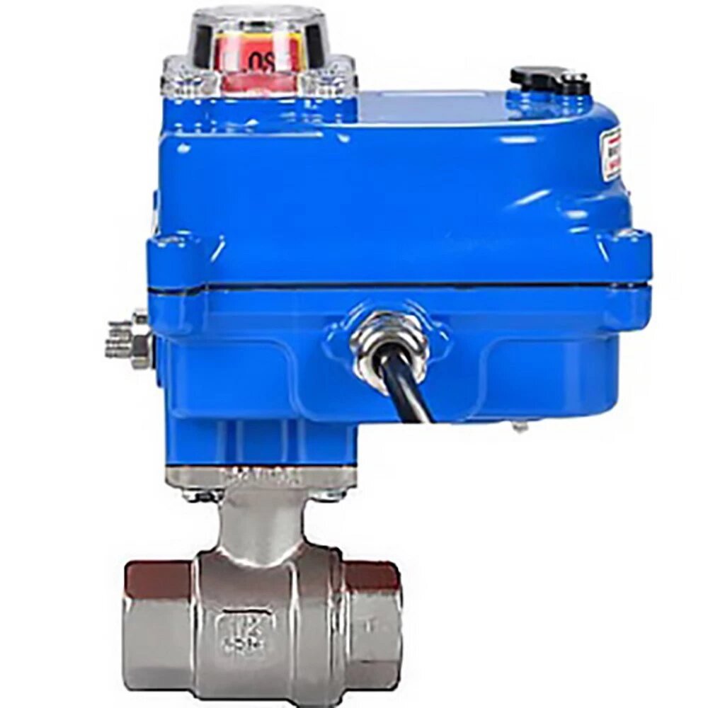 Кран шаровой DN.ru кшмп.316.230-ISO Ду32 Ру63 полнопроходной двухходовой, нержавеющая сталь SS316, внутренняя резьба, уплотнение - PTFE, с электроприводом четвертьоборотным DN. ru 003 blue 220В