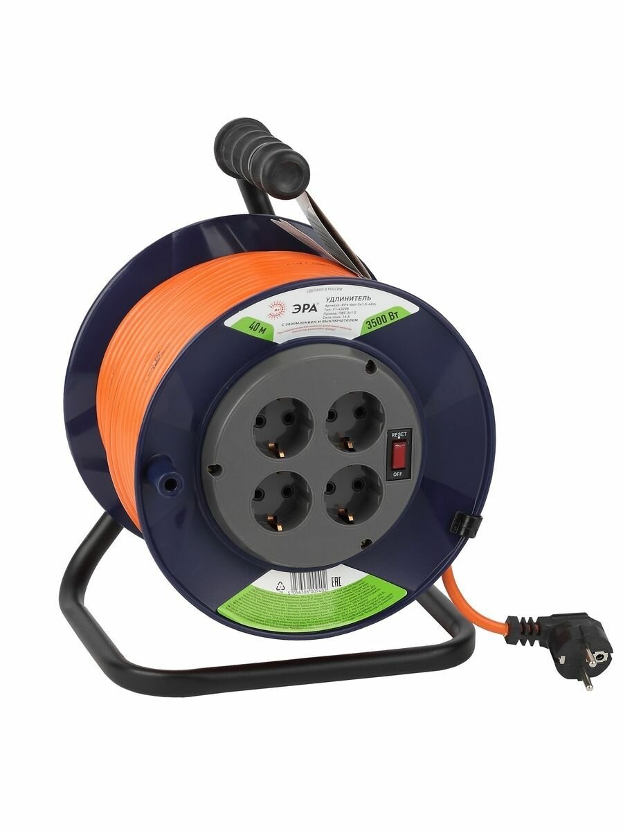 Удлинитель на пластик. катушке 4х40м с заземл. 16А IP20 RPx-4es-3х1.5-40m ПВС 3х1.5 Эра Б0046836