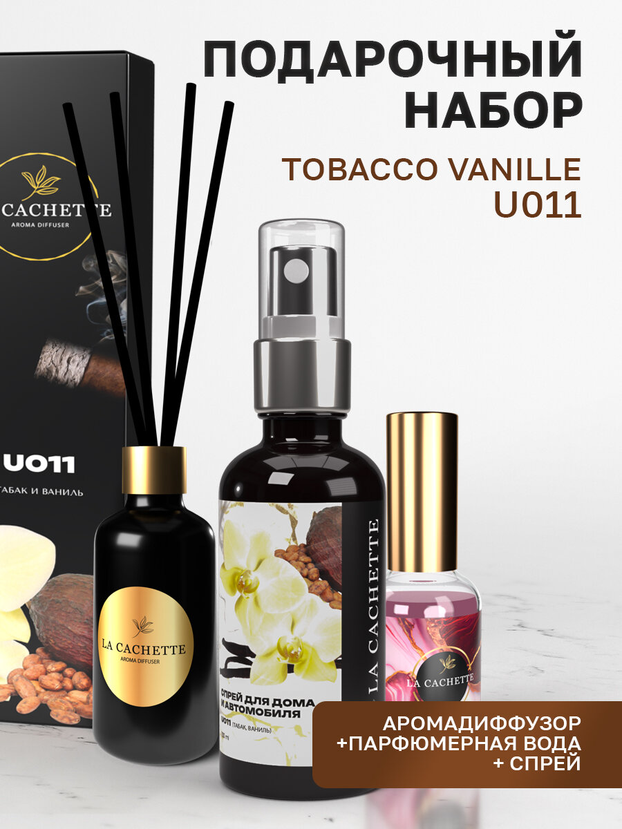 Подарочный набор U011 Tobacco Vanille: диффузор 30 мл, парфюм 30 мл, спрей для авто и дома 100 мл