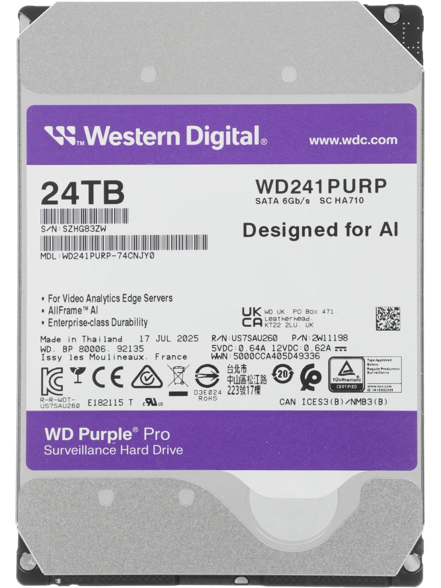 Жесткий диск 24TB WD SATA-III WD241PURP Purple Pro 7200rpm 3.5"