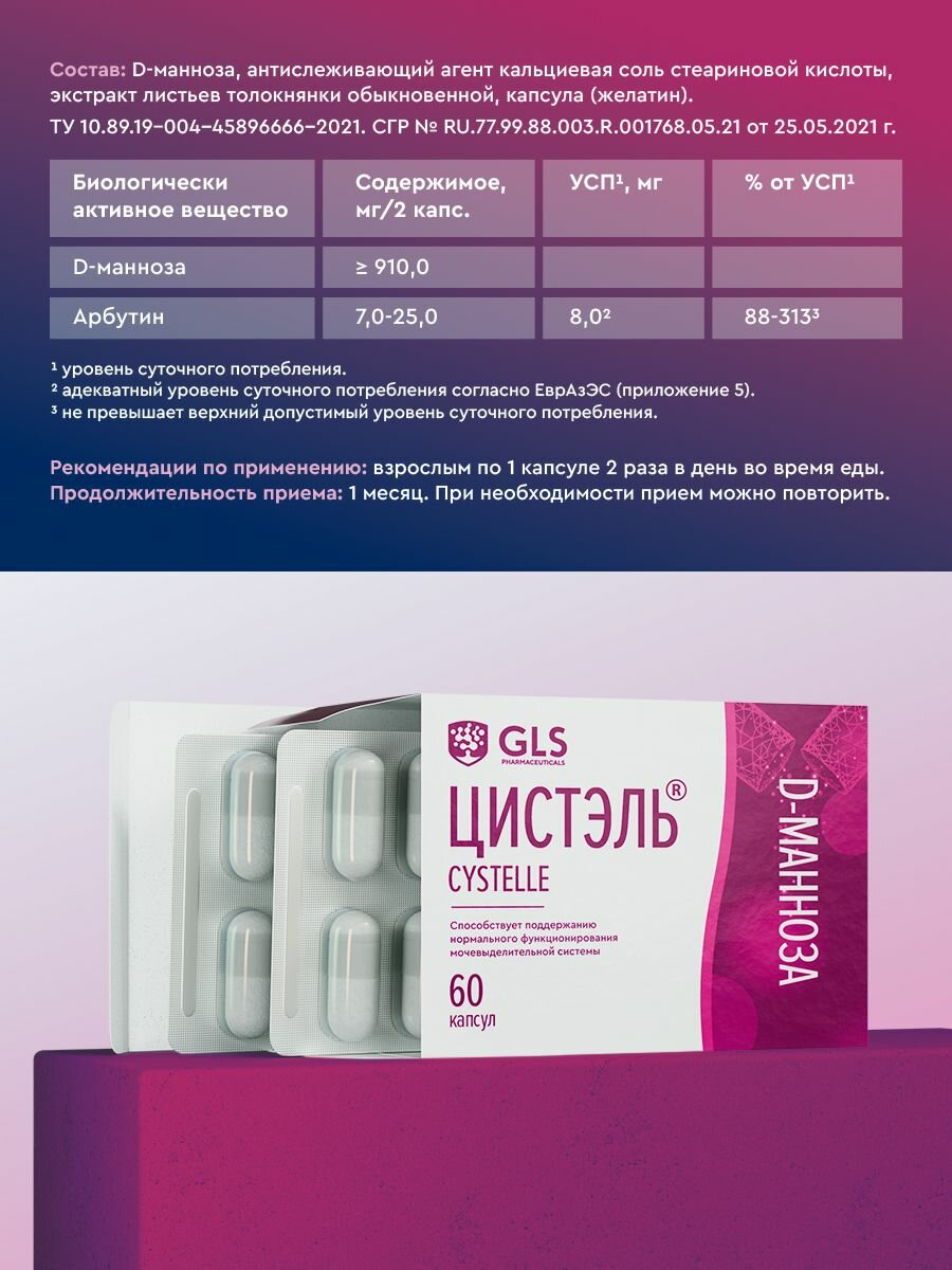 Цистэль GLS Pharmaceuticals средство для защиты мочевого пузыря при цистите Д манноза, 580 мг, 60 капсул — фото 1