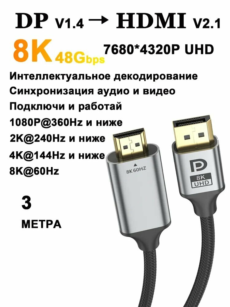 QISHI Видеокабель DisplayPort/HDMI, 3 м, серый металлик