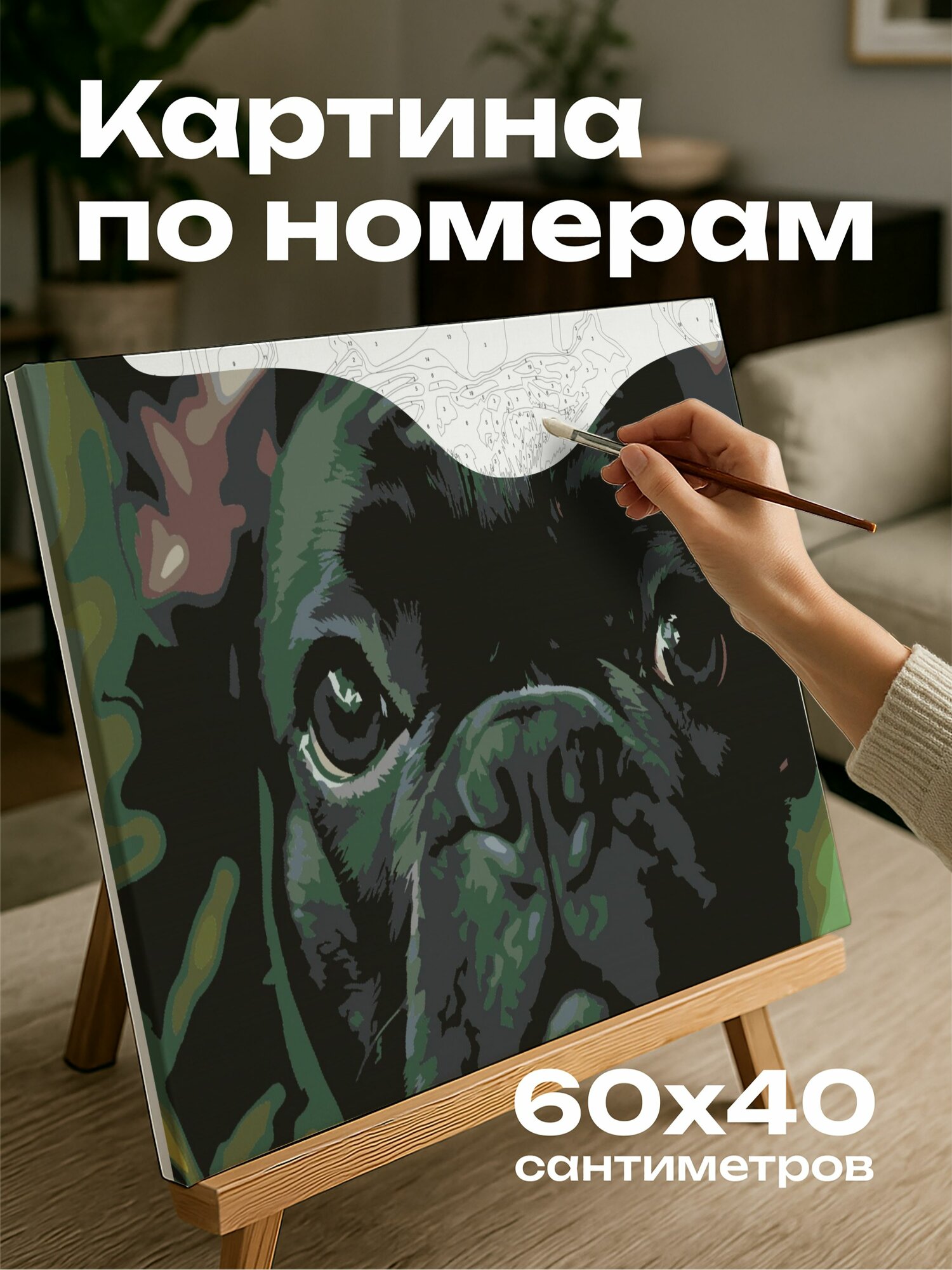 Картина по номерам 60x40 см, Французский бульдог, морщинистая мордочка, выразительные глаза, крупный план, 2.8L, f