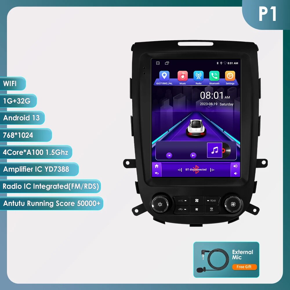 Автомобильное радио Hizpo Android 13, мультимедиа для Hyundai Santa Fe 2 P1-1G 32G-4cores-B