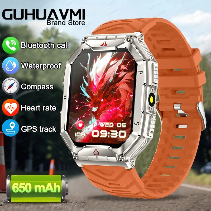 Мужские военные умные часы IP68 Fitness Tracker 2.10 дюйма Orange