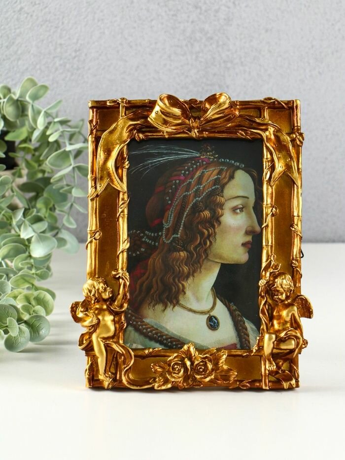 Фоторамка для фото 10 15 см Ангелы с бантом , полистоун под бронзу, 20 16.5 2.5 см