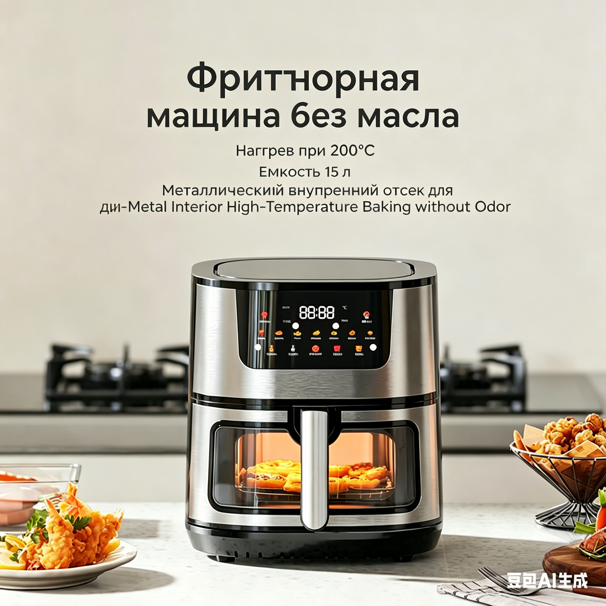 Домашняя аэрофритюрница большой объём 15 л, видимая крышка, нержавеющая сталь