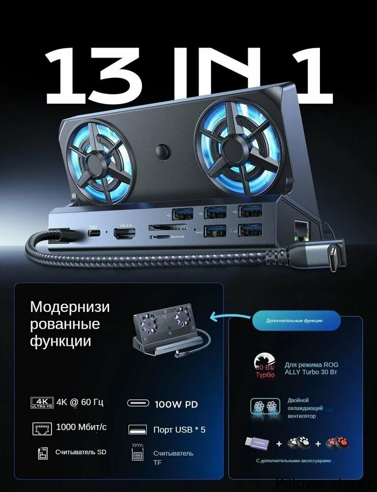Док-станция 13-в-1 для Steam Deck OLED, с двумя вентиляторами охлаждения, 5 портами USB и поддержкой 4K@60Hz, портом зарядки 100 Вт, гигабитным Ethernet. Подходит для Steam Deck.