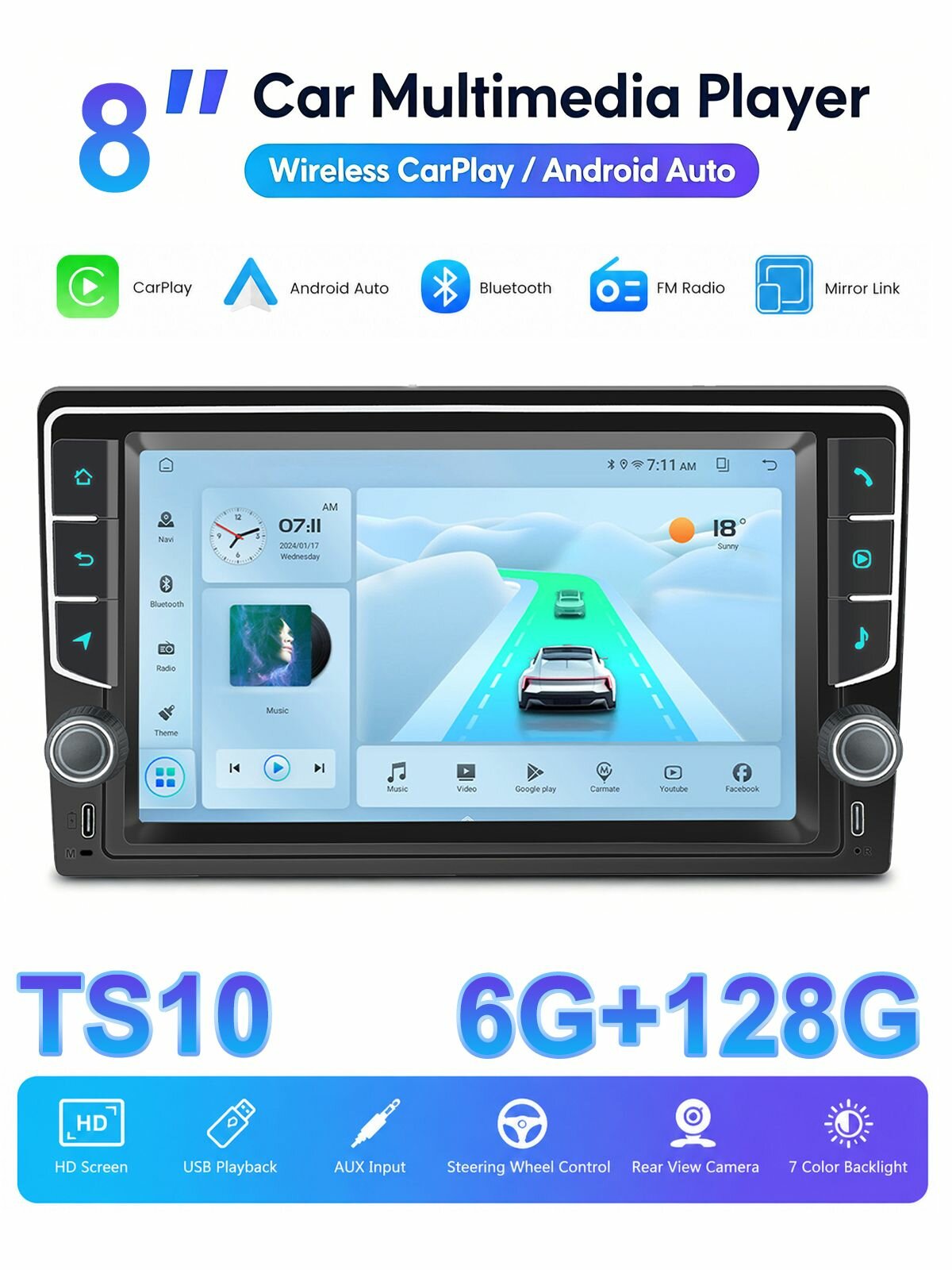 4G 8core 6+128G Автомобильный процессор QLED Android 9-цифровой DSP -навигация Carplay/Android auto BT FM AM RDS WIFI-плеер, Gift Интеллектуальное Охлаждение, TS10