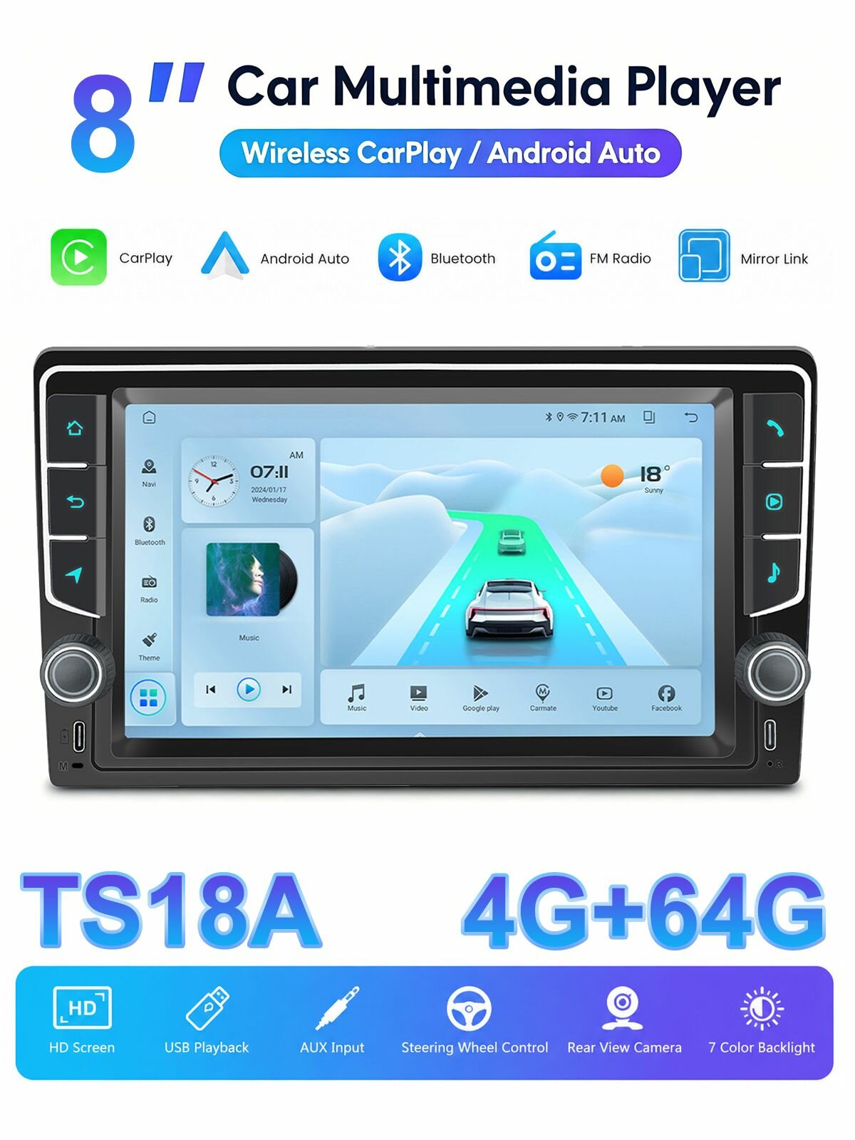 4G 8core 4+64G Автомобильный процессор QLED Android 9-цифровой DSP -навигация Carplay/Android auto BT FM AM RDS WIFI-плеер, Gift Интеллектуальное Охлаждение, TS18