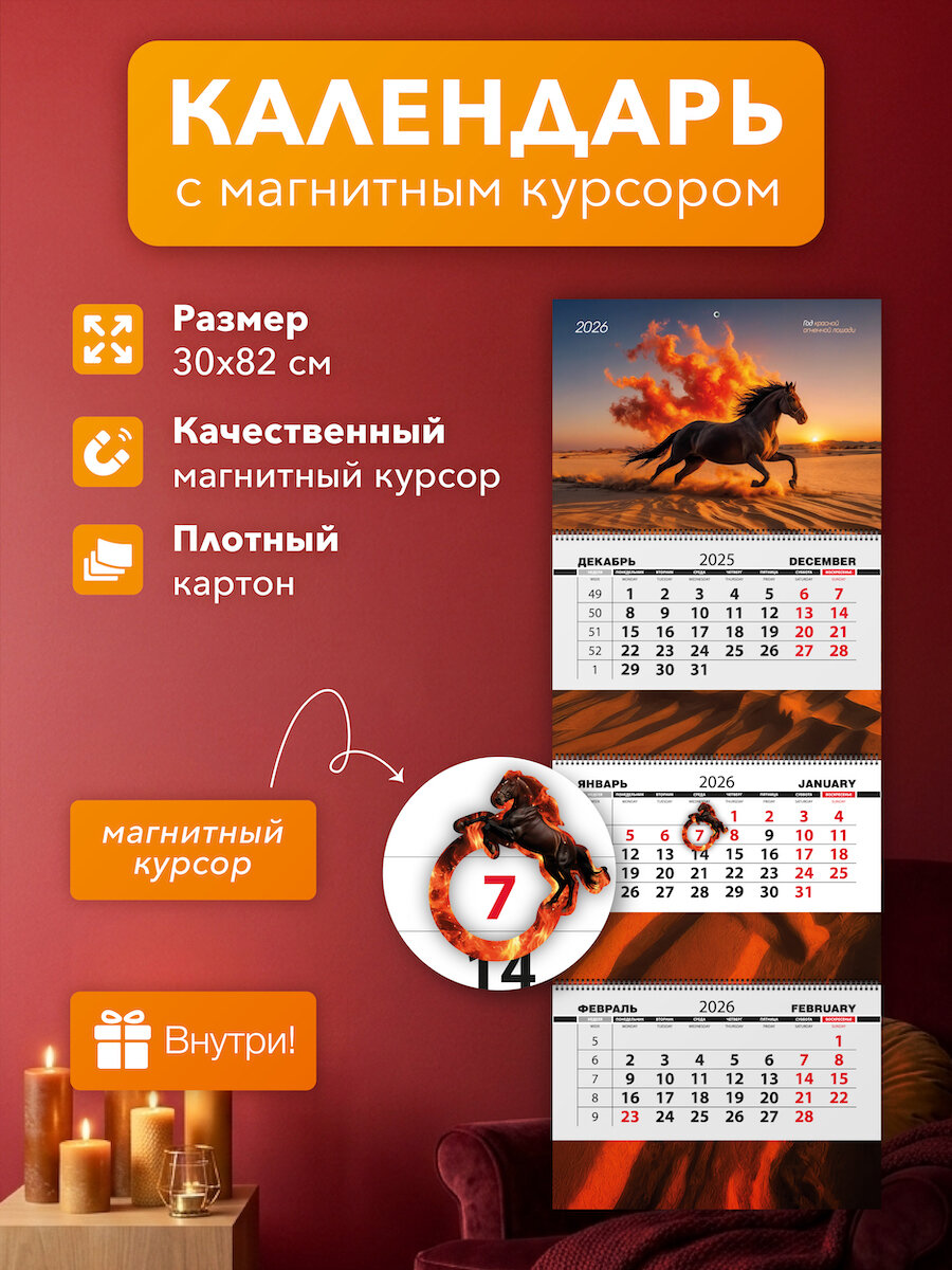 Квартальный календарь LEMOR "Лошадь в песке", настенный, 2026 г, с бегунком магнитным