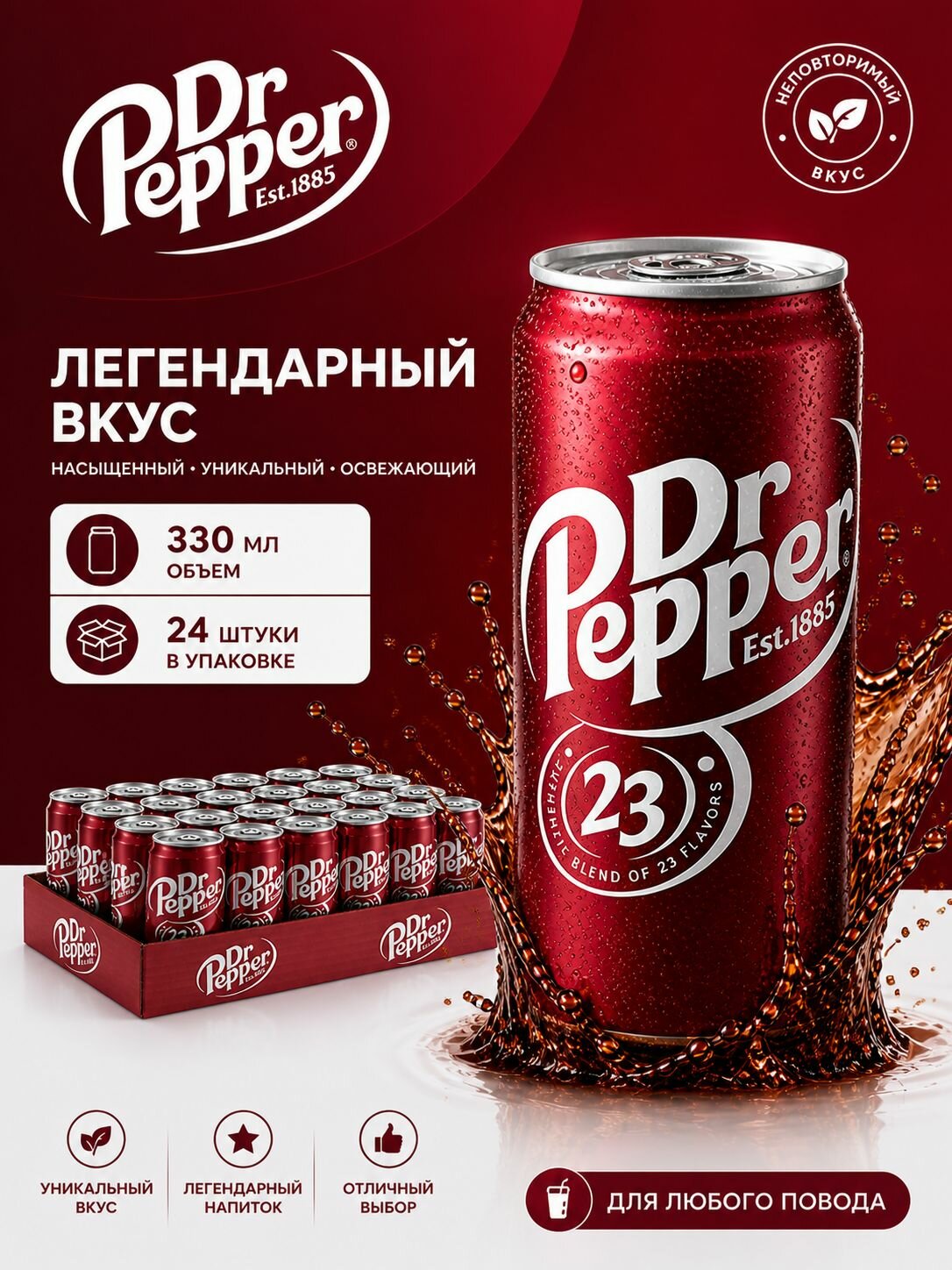 Газированный напиток Dr.Pepper Classic (Доктор Пеппер Классик) 0,33л x24 шт (Польша)