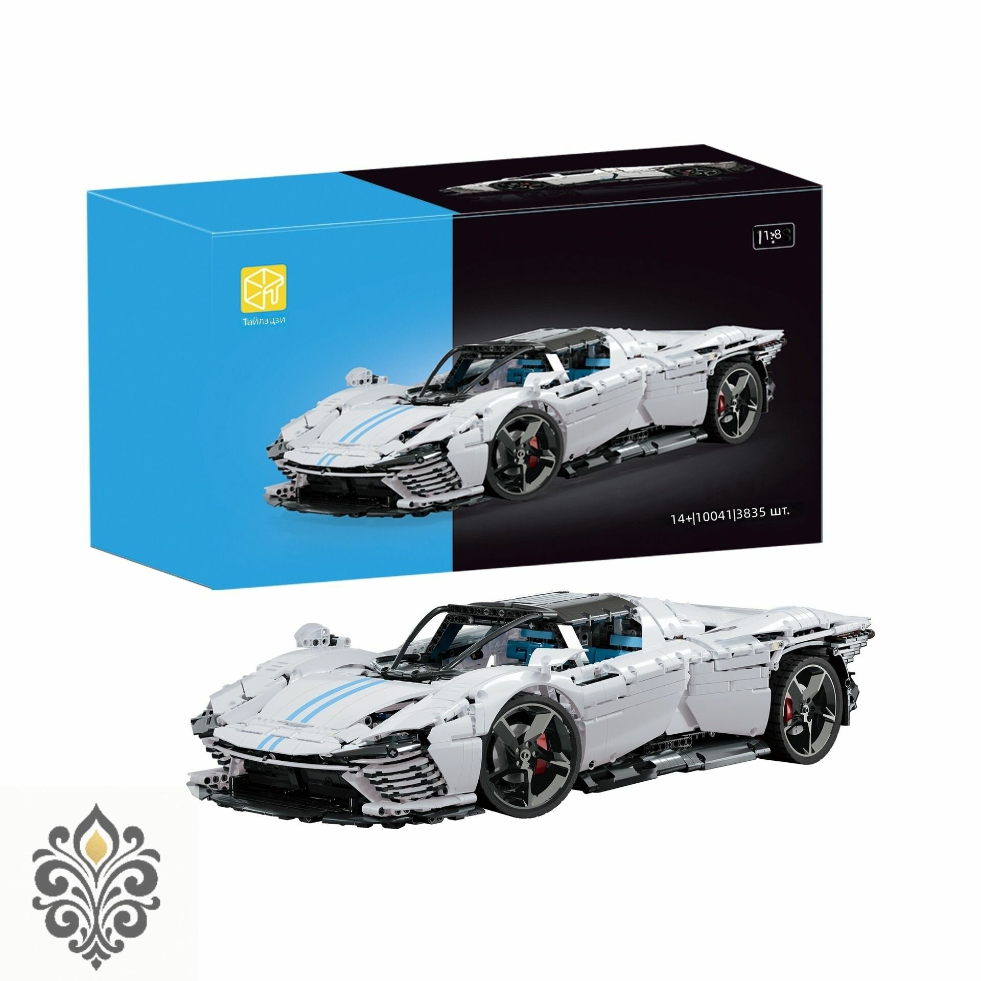 Конструктор совместимый с LEGO Ferrari Daytona SP3, 3835 деталей, белый с синими полосами, масштаб 1:8, модель для сборк
