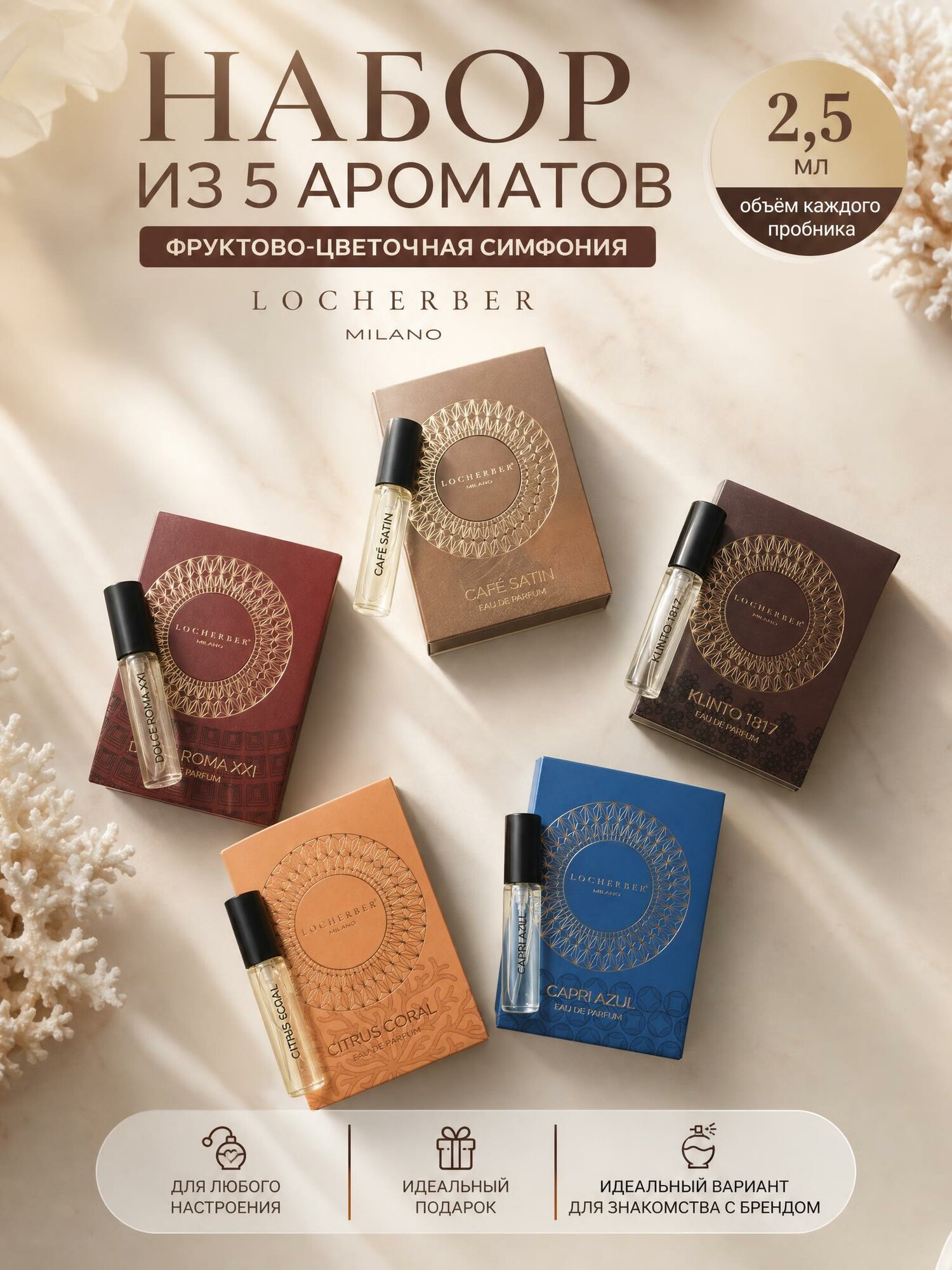 LOCHERBER MILANO Парфюмерный набор "Фруктово-цветочная симфония" 5 шт по 2,5 мл (Klinto 1817, Dolce Roma XXI, Cafе Satin, Citrus Coral, Capri Azul)