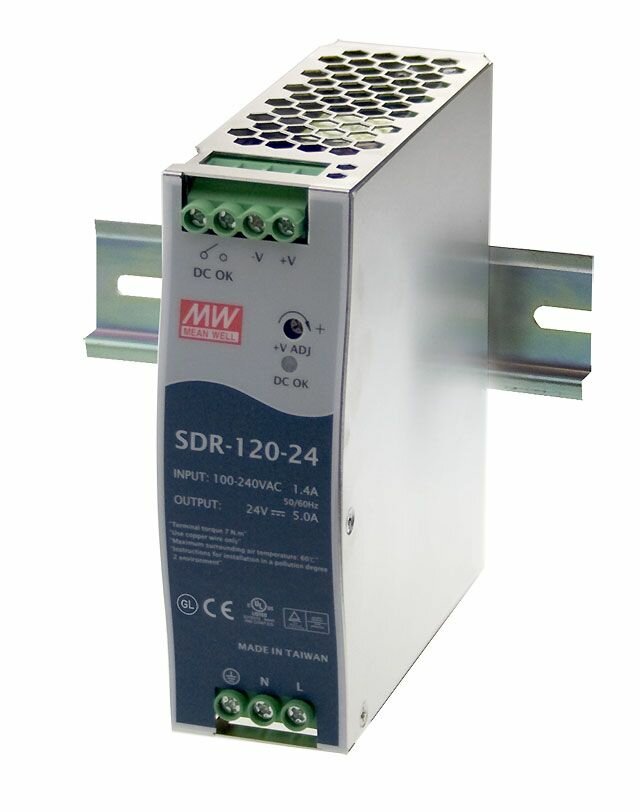 Блок питания Instart AC-DC, 120 Вт, вход AC 88-264В, 47-63 Гц, DC 124-370В, выход 24В 5А пиковый 7.5А, регулировка выхода 24-28В, в кожухе, на DIN-рейку