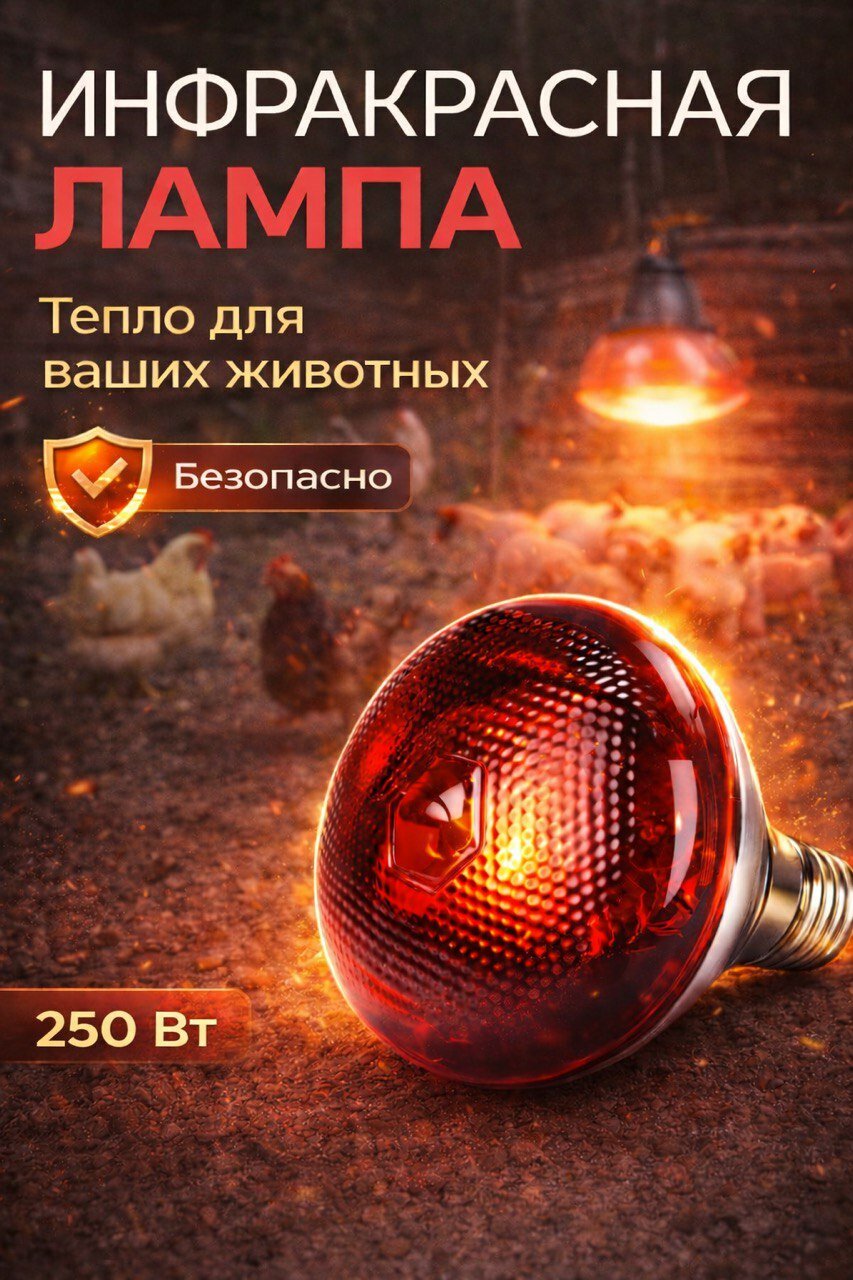 Инфракрасная утолщенная лампа для обогрева птиц и животных, 250 Вт, цоколь E27
