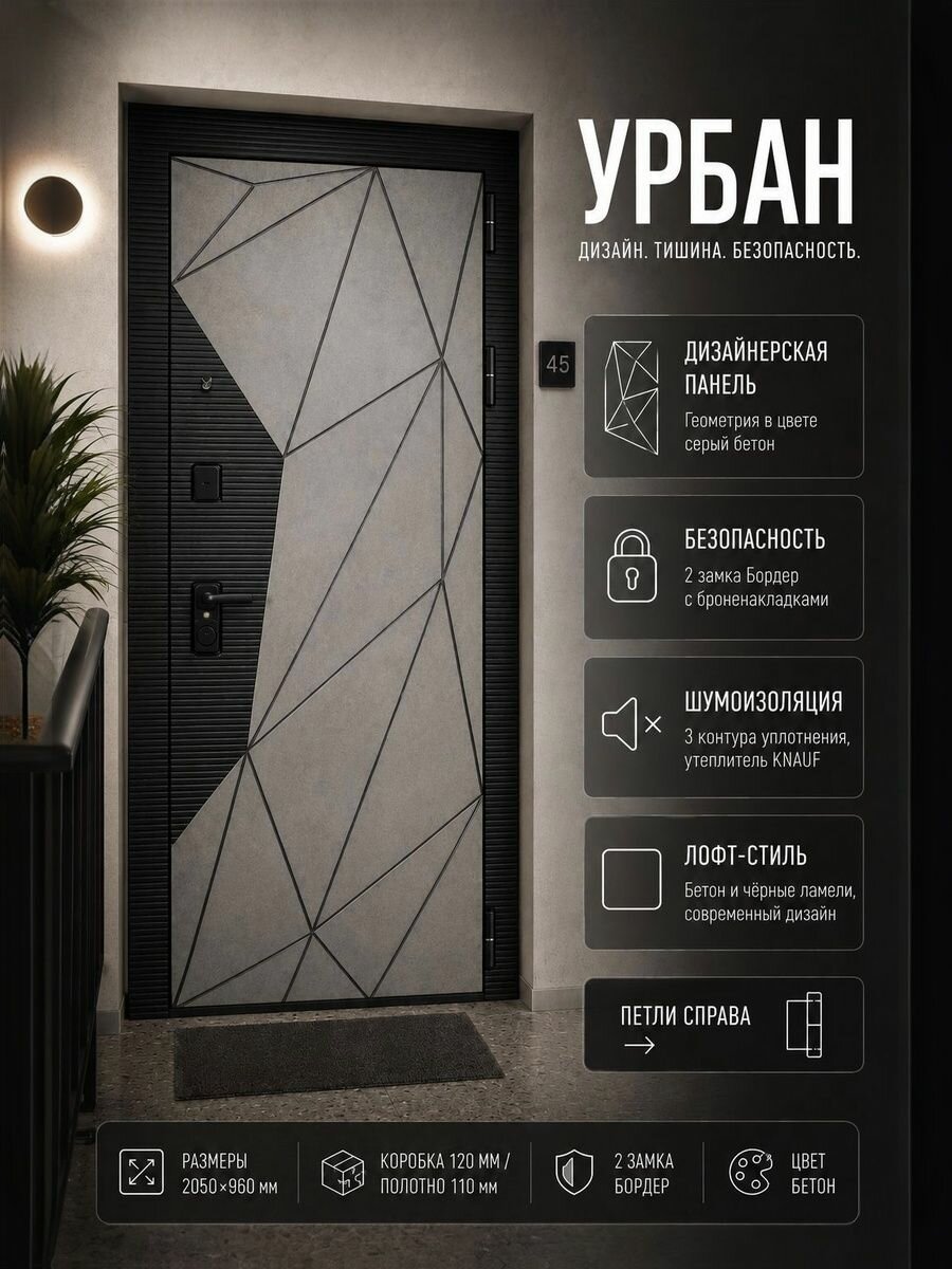 Входная дверь металлическая для квартиры Урбан 2050*960 Правая, толщина полотна 100