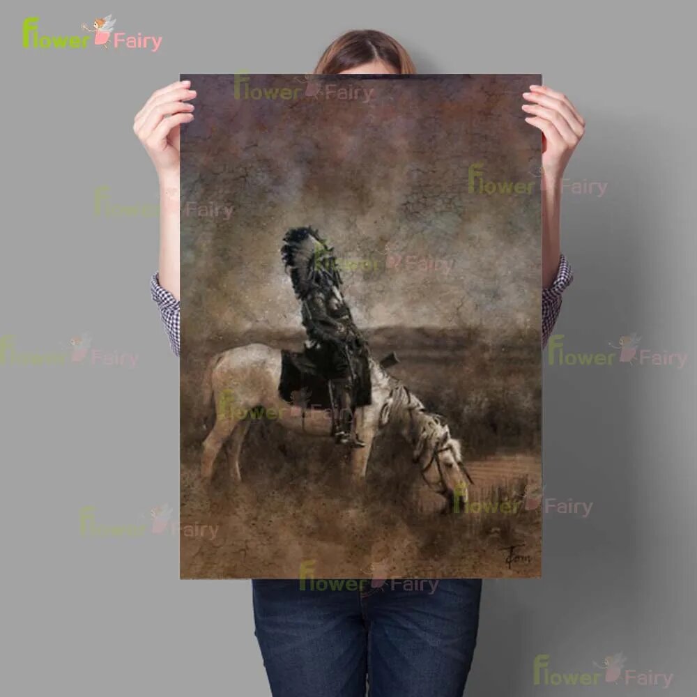 Постер индейца на коне, темно-зеленый, 40x50см, без рамки