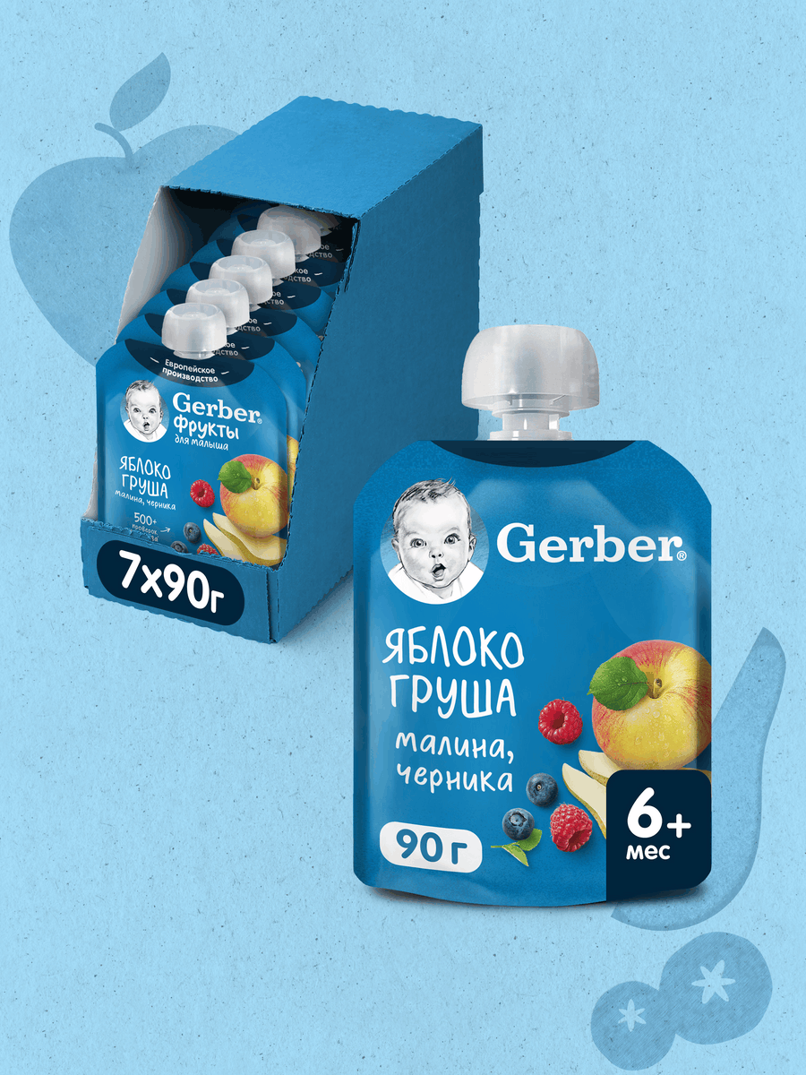 Фруктовое пюре Gerber Яблоко, груша, малина, черника с 6 мес 90г 7шт.