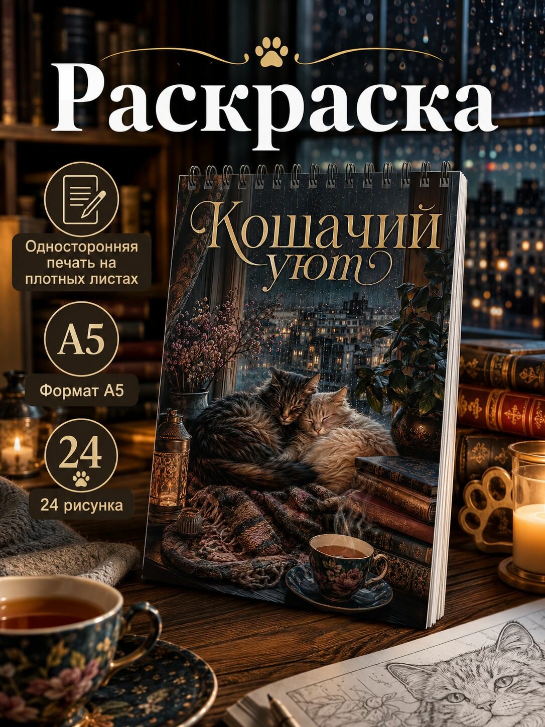 Уютная раскраска антистресс для взрослых и детей Кошачий уют