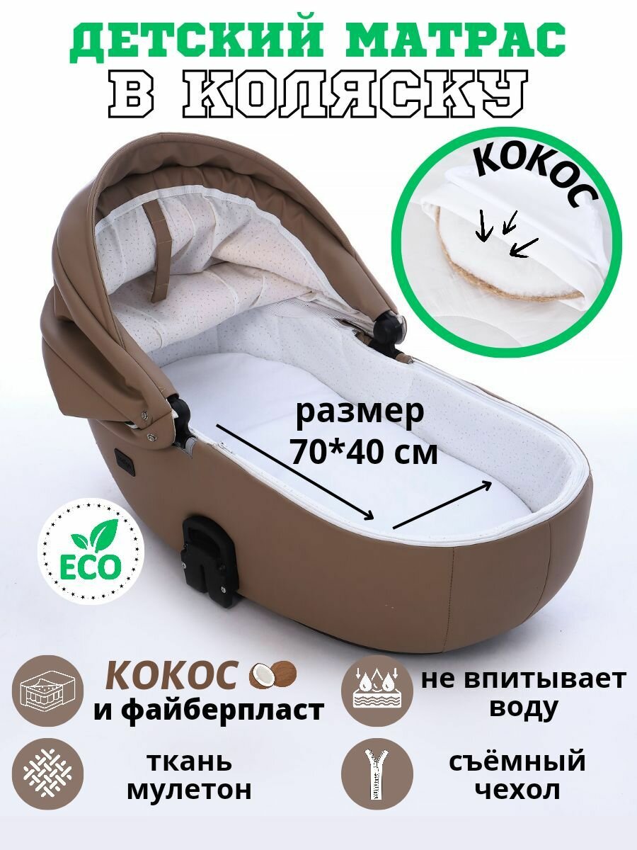 Универсальный детский кокосовый матрасик в люльку-переноску для новорожденных 70х40 см с кокосовым основанием