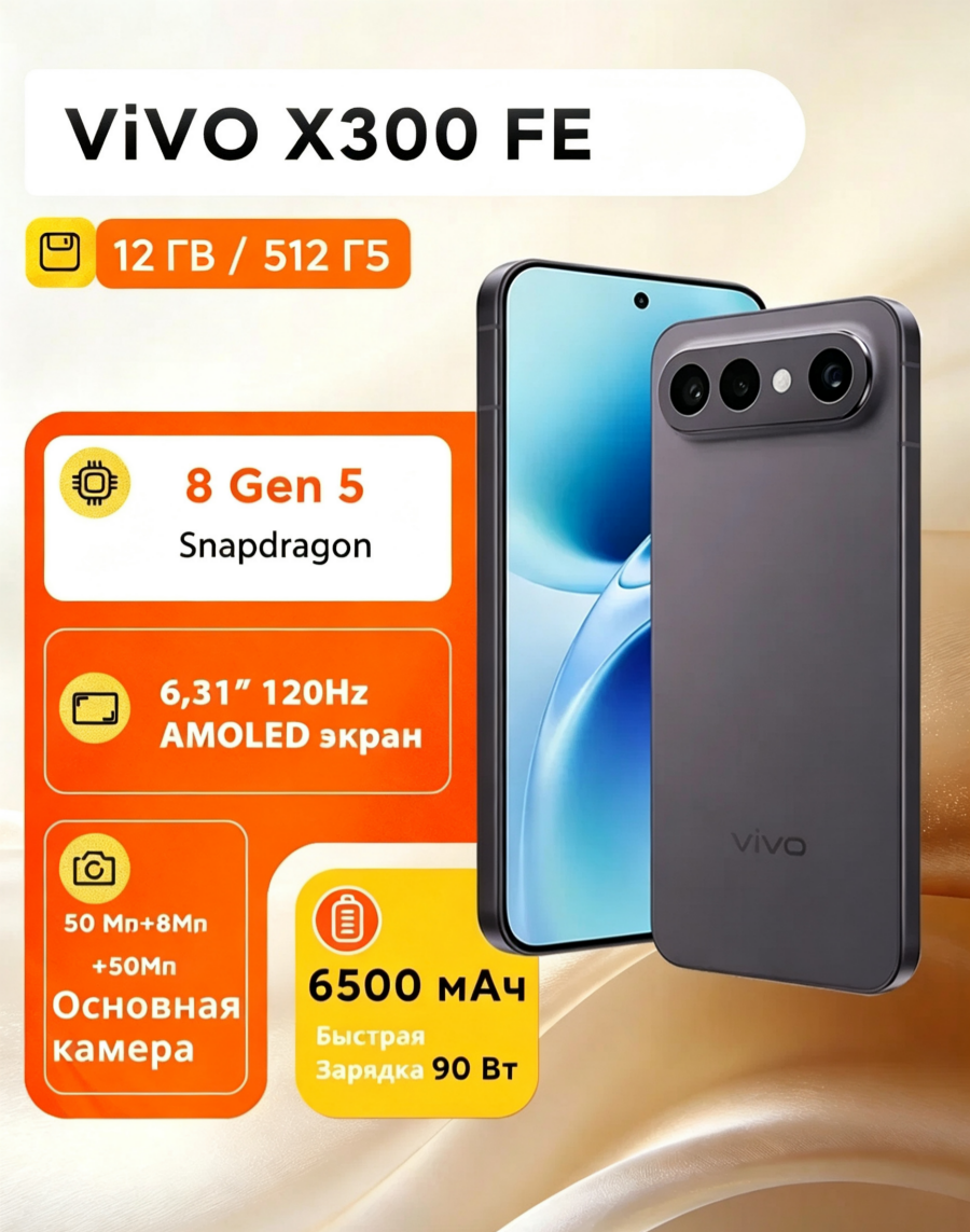 Смартфон vivo X300FE Ростест (EAC), 12/512 ГБ, AMOLED, Графитовый чёрный