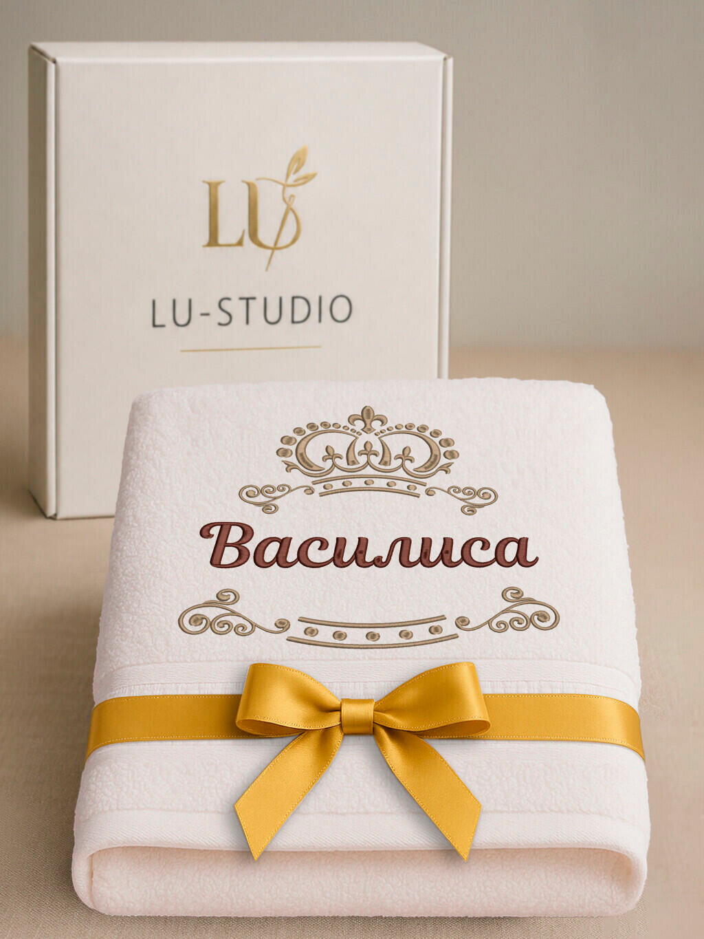 Полотенце Василиса 70х140 подарок именная вышивка с короной, LU-Studio, белый, 460 г/м², 100% хлопок