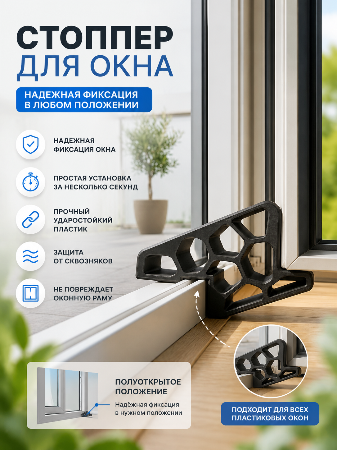 Стопор для окна, ограничитель, цвет Черный