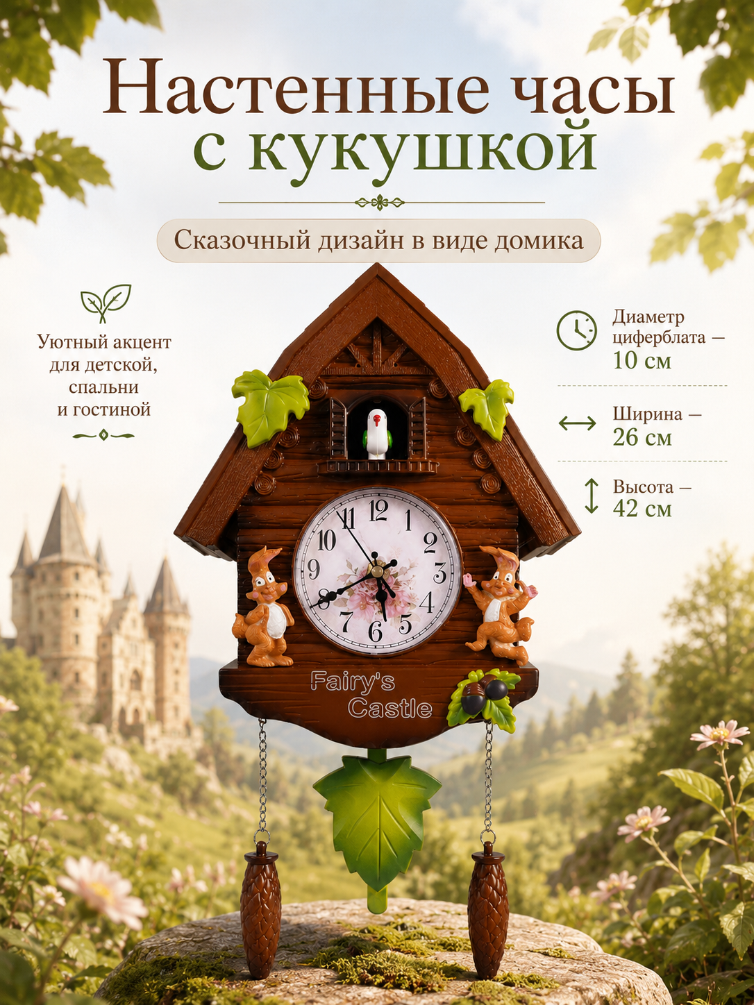 Часы с кукушкой, часы в виде сказочного домика, ежечасной бой кукушки, кварцевый механизм, семейный декоративный подарок