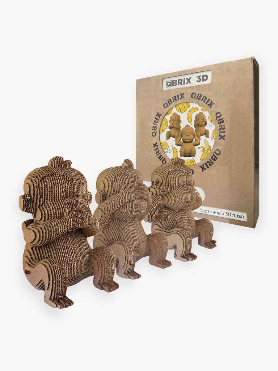 Конструктор 3D QBRIX "Три обезьянки", 224 детали, картон, сборка без ножниц