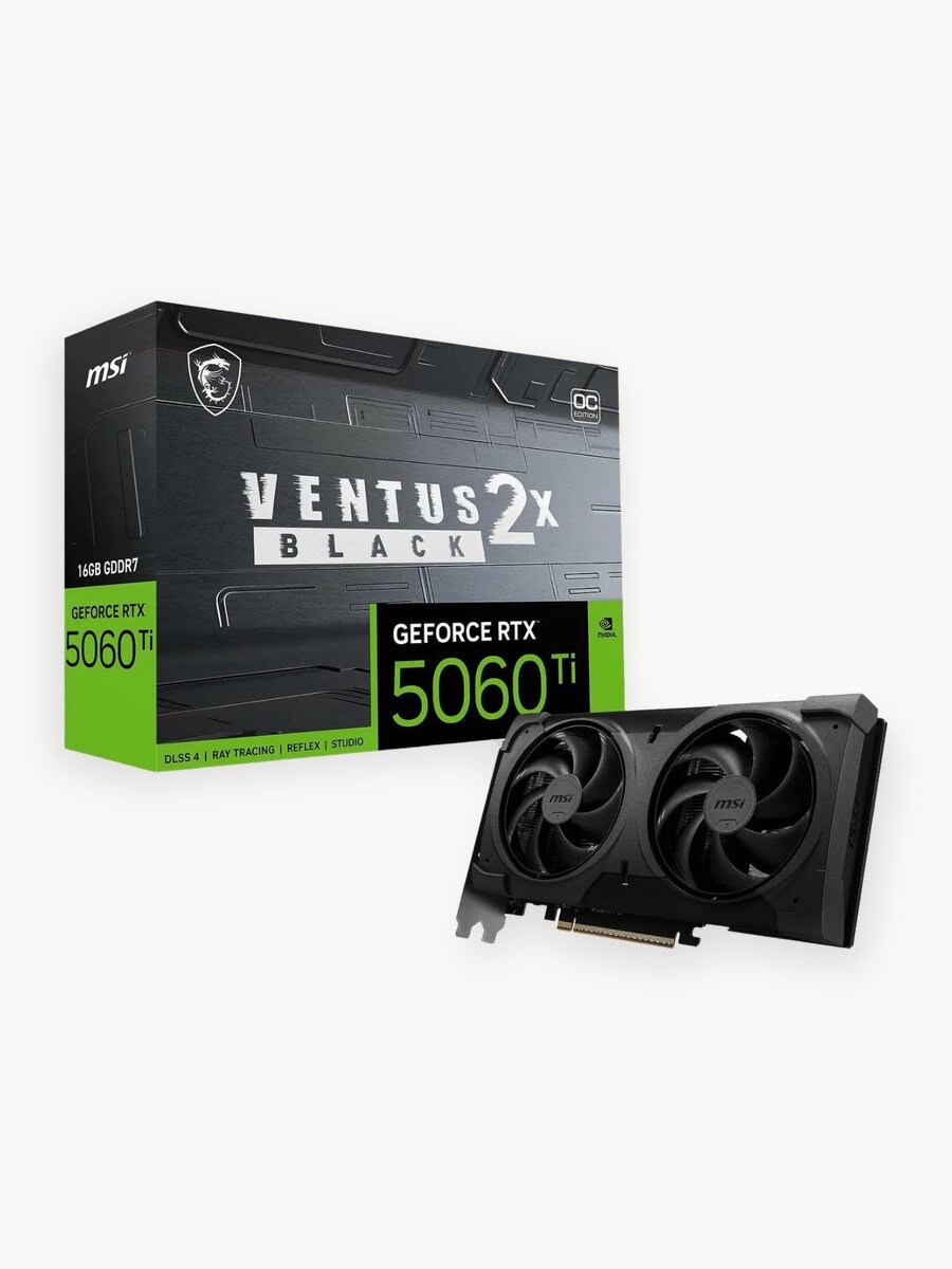 MSI Видеокарта Ventus GeForce RTX 5060 Ti 16 ГБ GDDR7, PCI Express 5.0 x16 (RTX 5060 Ti 16G VENTUS 2X OC BLACK PLUS)