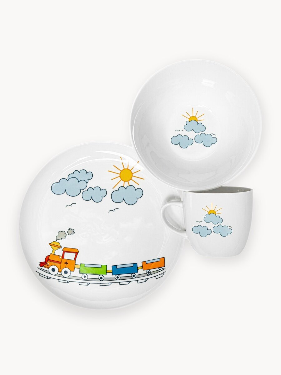 Набор посуды STENOVA HOME "Train", фарфор, для мальчиков и девочек, 3 предмета, можно мыть в посудомойке