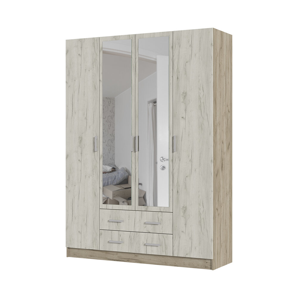 Шкаф 4х створчатый с ящиками, зеркалами, полками и штангами для одежды