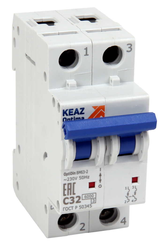 Автоматический выключатель КЭАЗ OptiDin BM63-2C10-УХЛ3, 2P 10А характеристика С 6кА с двумя заглушками, 260597 / электроавтомат