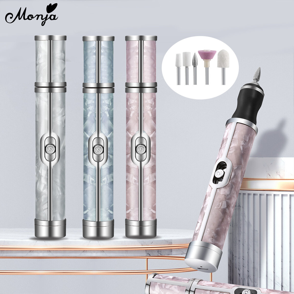 Электрическая дрель для ногтей Monja, аккумуляторная шлифовальная машина для ногтей, смягчитель кутикулы, шлифовальная машинка для полировки ногтей, сверла, инструменты для маникюра своими руками