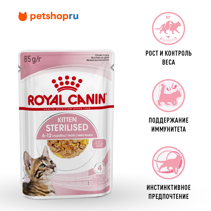 Royal Canin Для стерилизованных котят (в возрасте от 6 до 12 месяцев), мелкие кусочки в желе, Kitten Sterilised