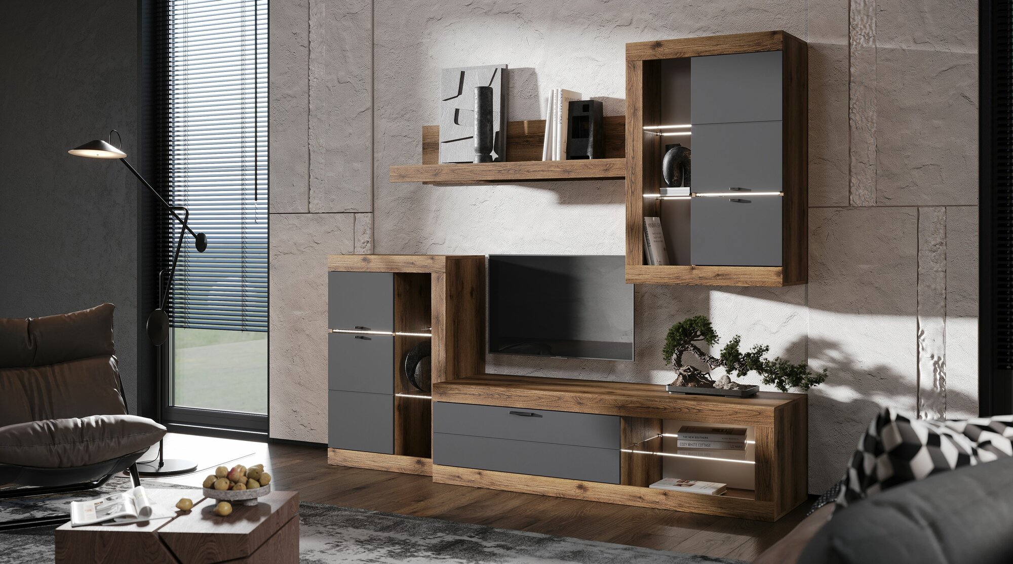 Комплект мебели для гостиной Прага с подсветкой (комп 26) Дуб Делано/Графит Софт