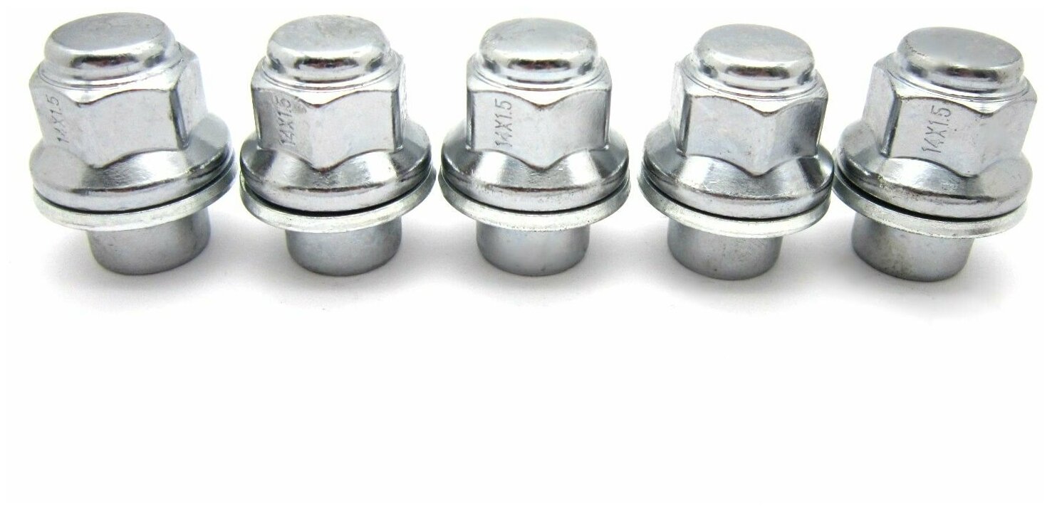 Гайки колесные M14X1,5 под 21 ключ, хром высота 37,5 мм Прессшайба, диаметр носика 18,5 мм, 5 шт.