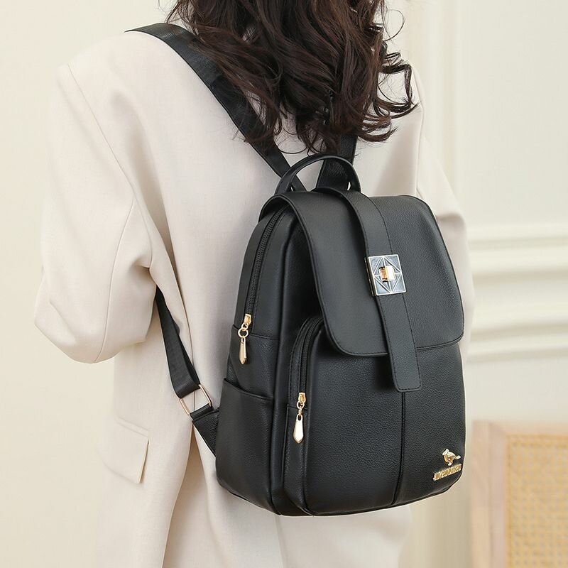 Рюкзак женский городской, кожаный, влагонепроницаемый, черный